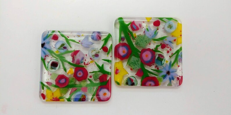 Fused Glass Flowers Tile Coasters Set of 2 - Etsy