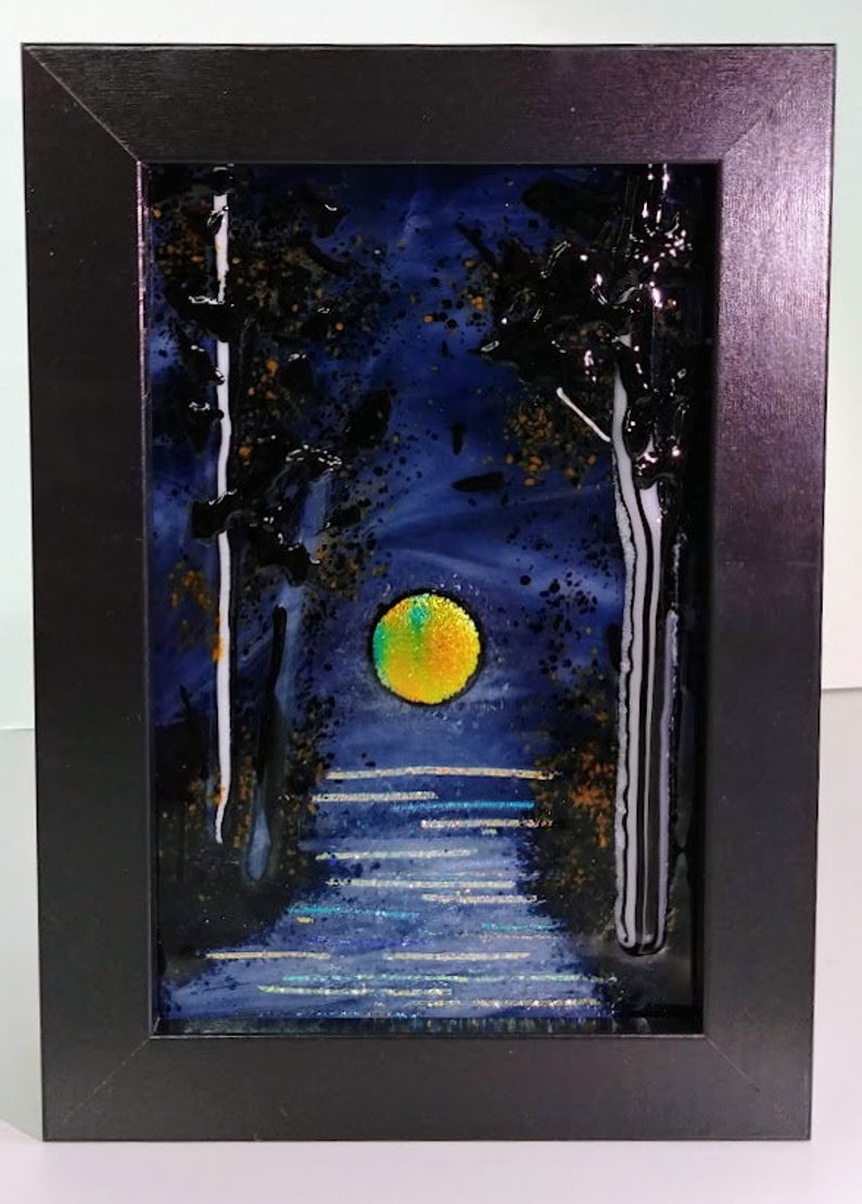 Fused Glass Sparkly Night Moon Tree Water Sky Landscape Art - Etsy