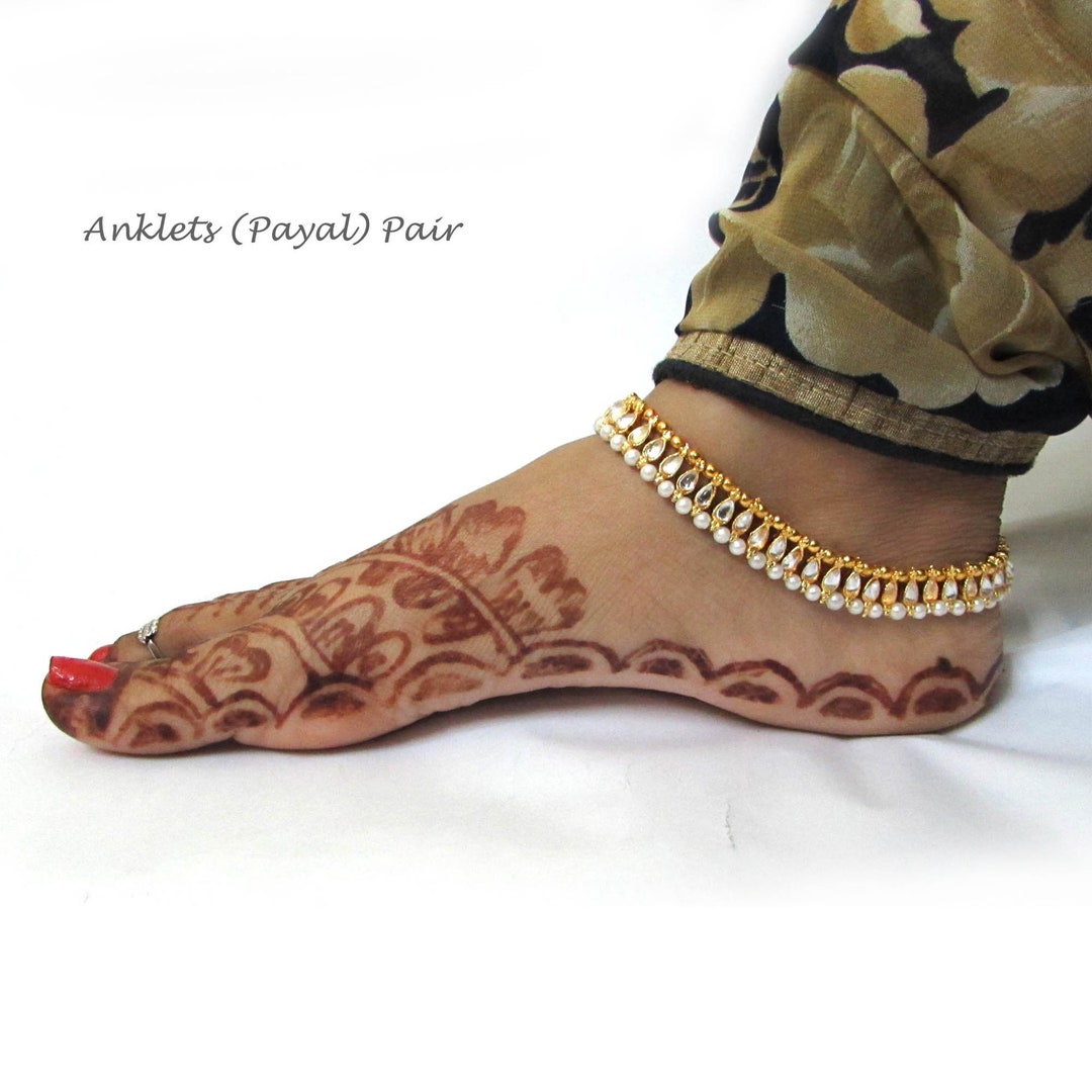 Payal Indian Traditional Gold-plated Barefoot Anklets Pair Ethnic Gems ...