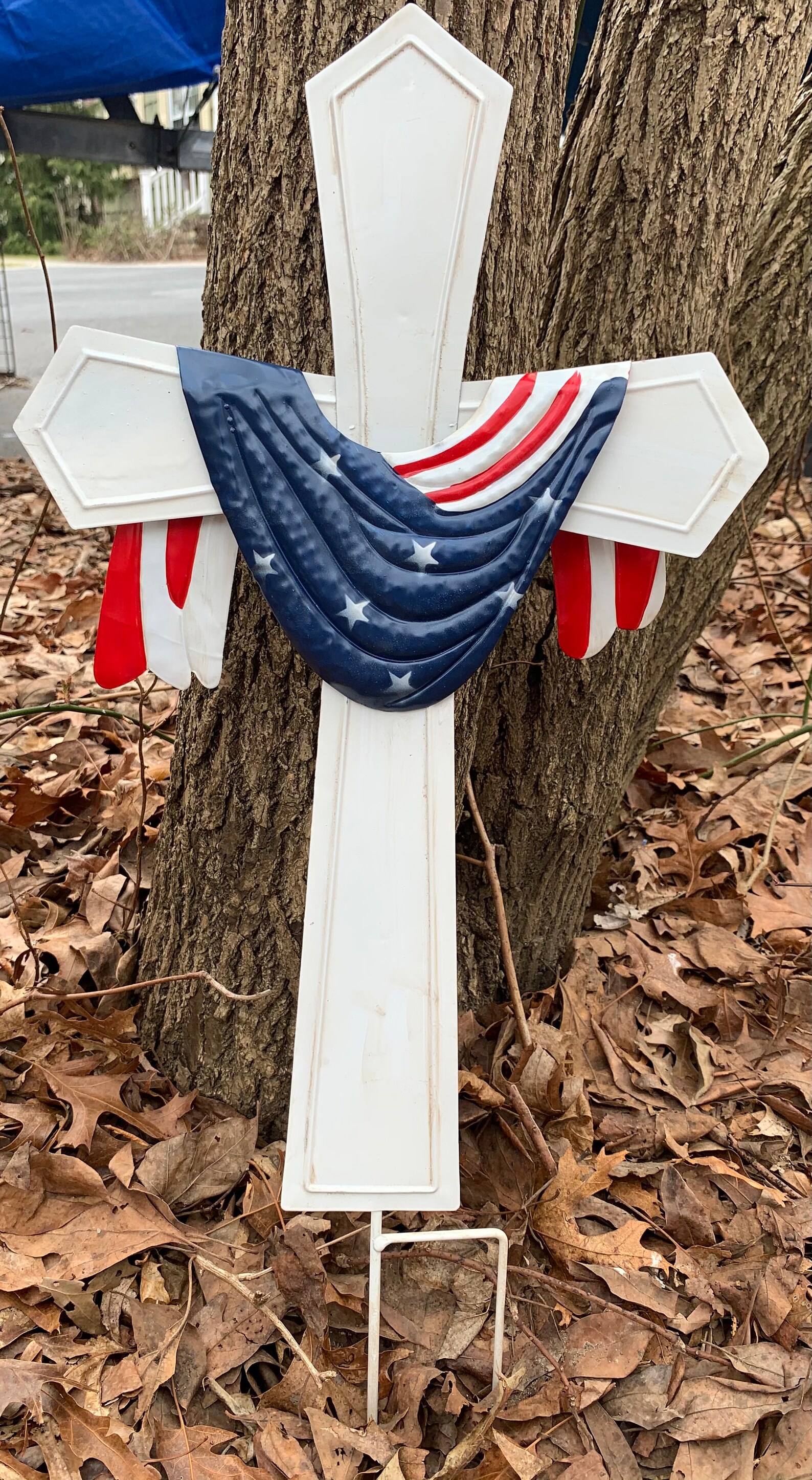 Metal cross with draped American flag. Garden stake 26 x 12 | Etsy