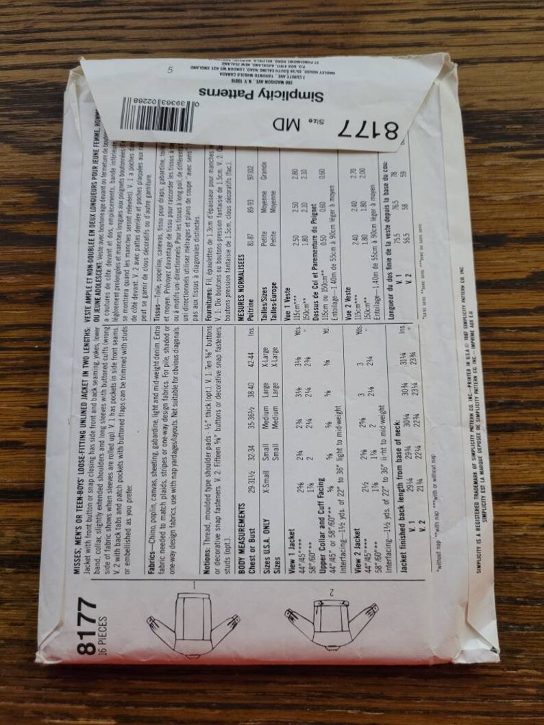 Uncut Simplicity 8177 His and Hers Loose Fitting Jackets Size MD - Etsy