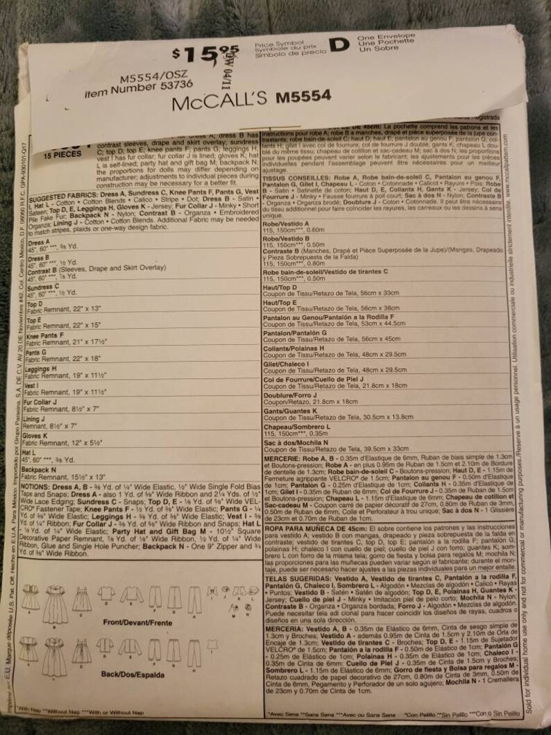 Mccalls Crafts M5554 Sewing Pattern Uncut 18 Inch Doll Clothes Dress ...