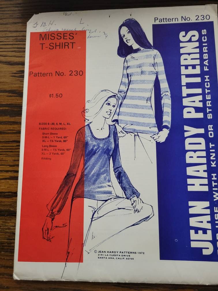 Uncut Jean Hardy Patterns #339 Misses Tshirt Sizes S M L XL Long Sleeve ...