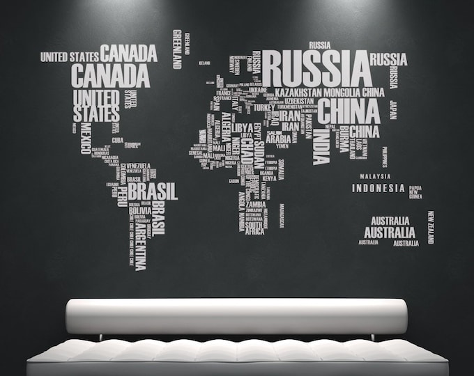 World Map Wall Decals Wall Stickers Country Names Text - Etsy