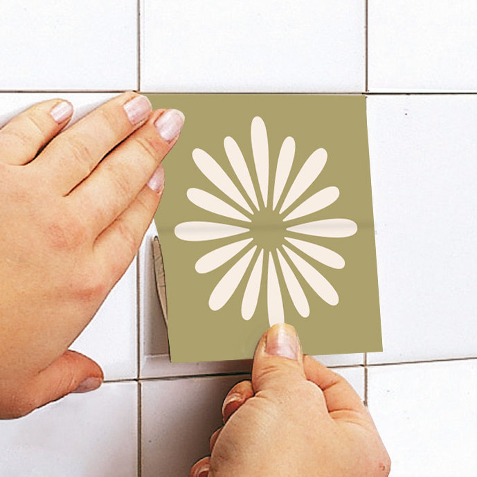 Green Flower Tile Decals, Olive Boho Flower Tile Stickers, Peel & Stick ...