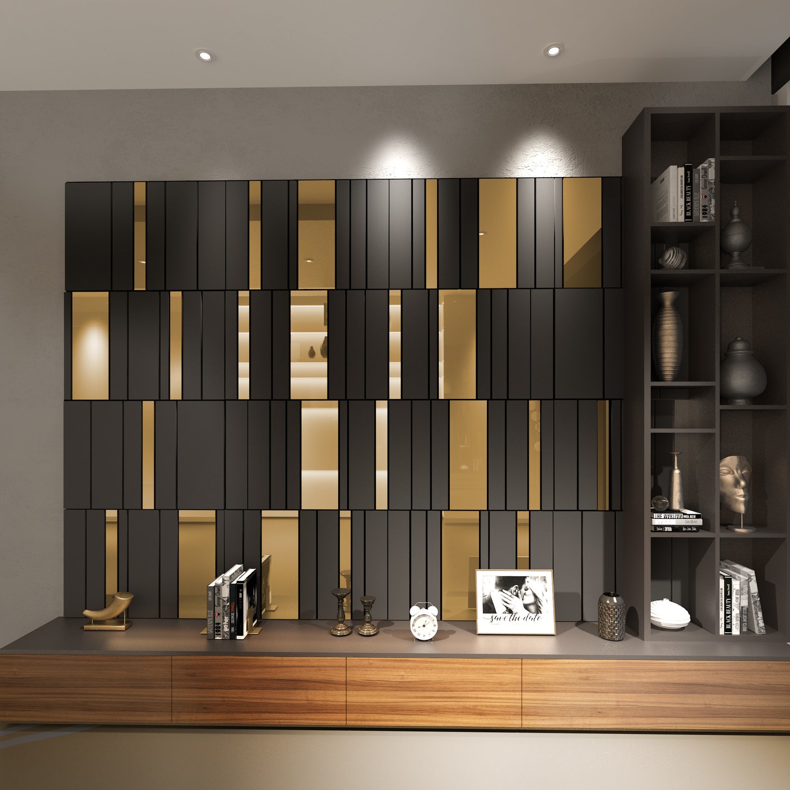 Dark Grey and Gold Mirror Decorative Panels, 3D Wall Panels, Pack of 8 ...