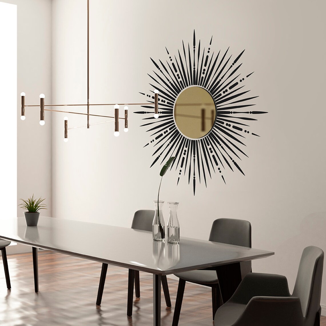 Black & Gold Sunburst Mirror, Boho Sun Wall Decal, Small Wall Mirror ...