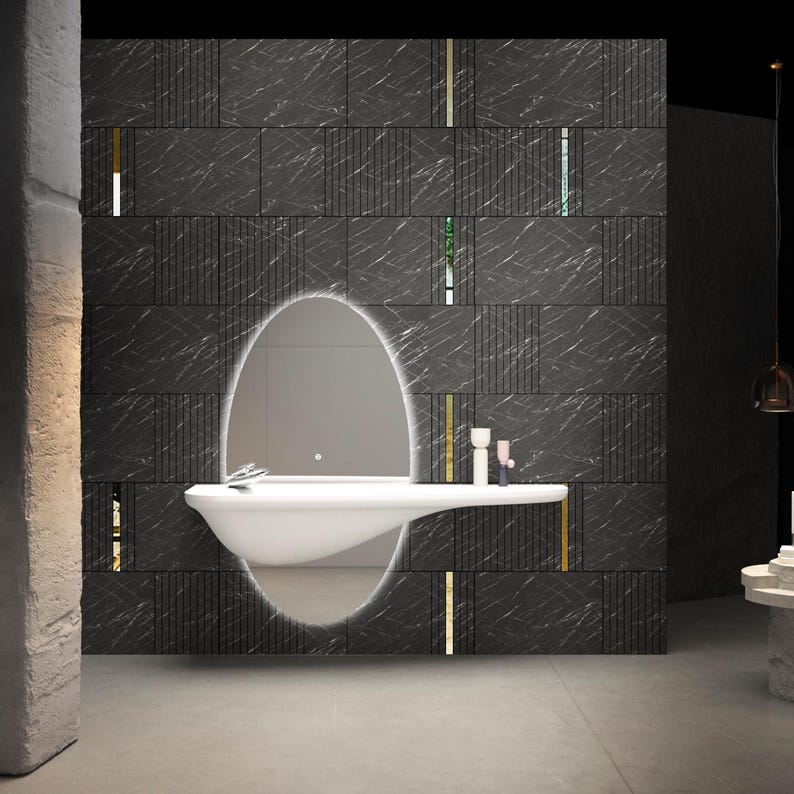 Dark Marble Imitation and Gold Mirror, Black Stone Wall Panels, Accent ...