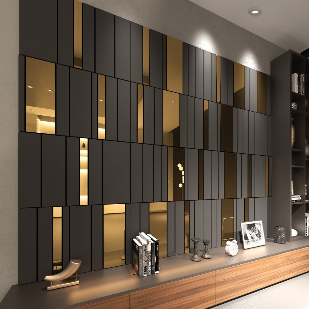 Dark Grey and Gold Mirror Decorative Panels, 3D Wall Panels, - Pack of ...