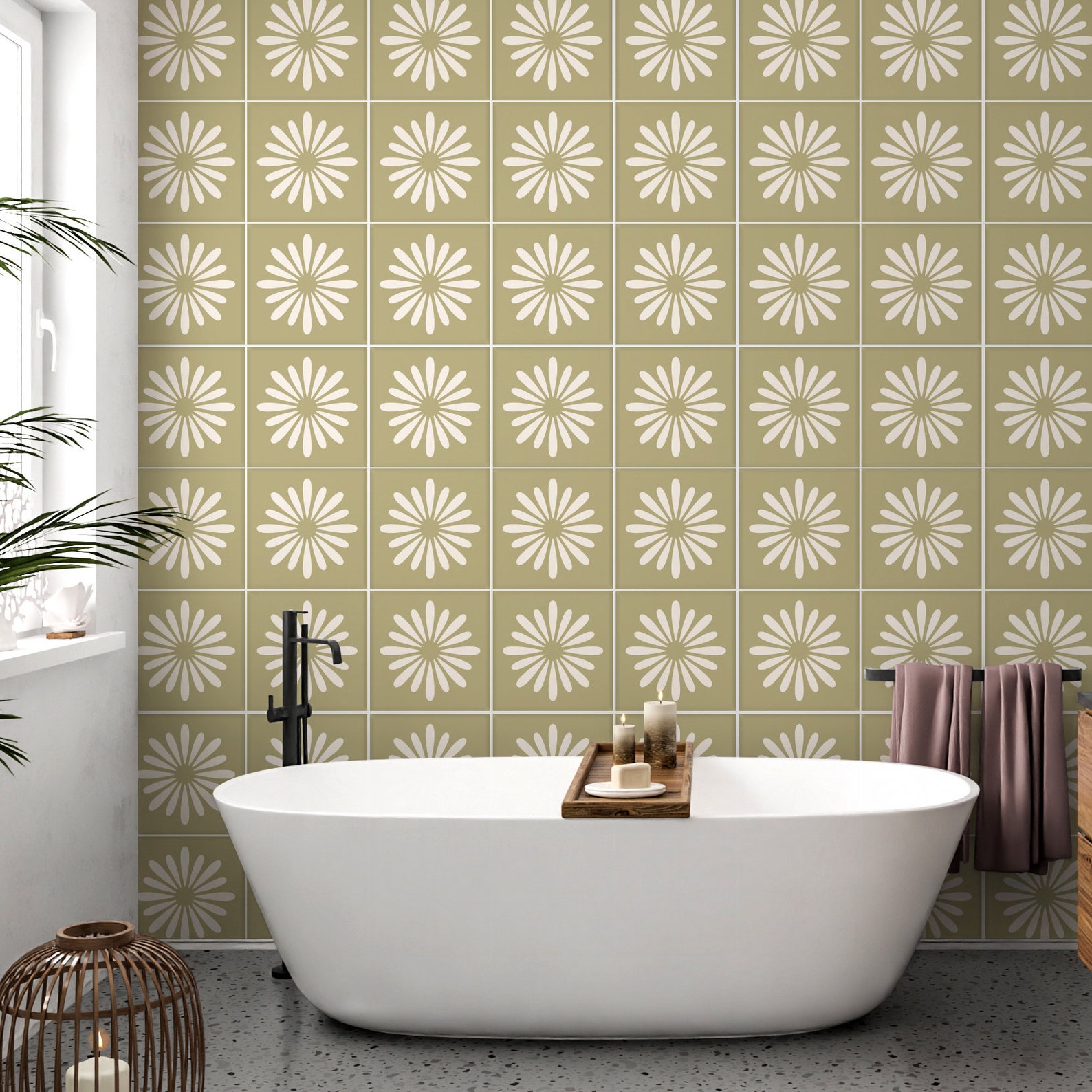 Green Flower Tile Decals, Olive Boho Flower Tile Stickers, Peel & Stick ...