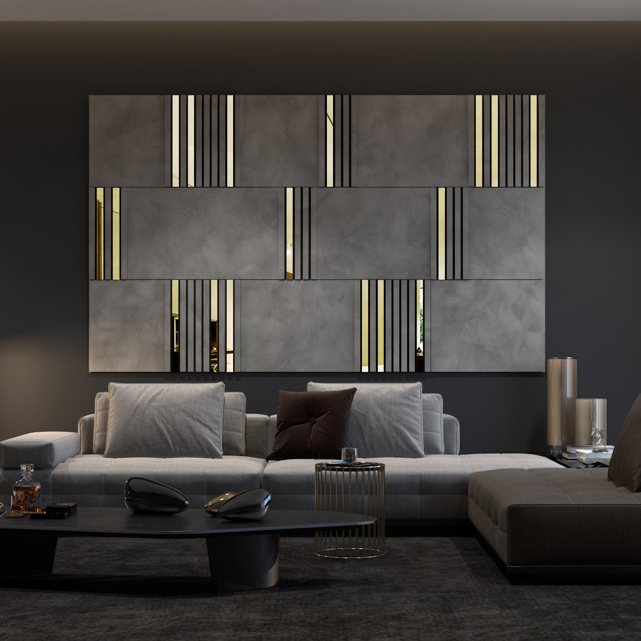 Modular Wall Panels Concrete and Gold Mirror, 3D Wall Panels, Modern ...