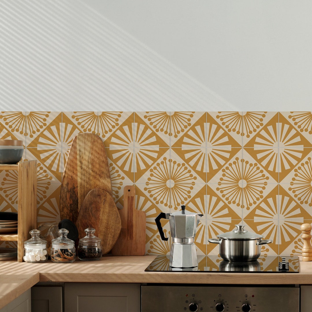 Giza Mustard Tile Stickers, Bohemian Abstract Shapes Vinyl Tile Decal ...