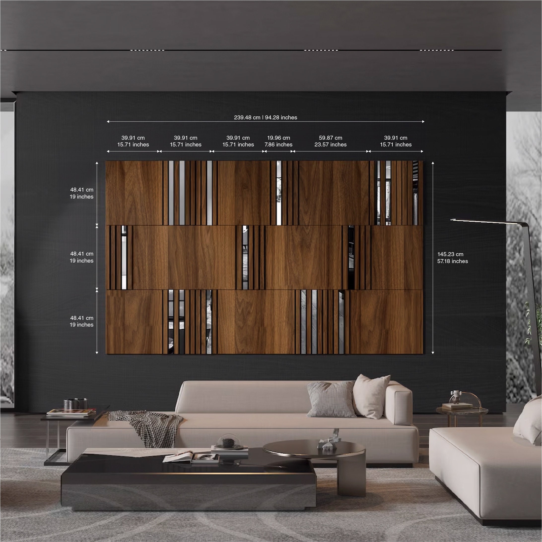 Modular Wall Panels Dark Wood and Silver Mirror, 3D Wall Panels, Modern ...