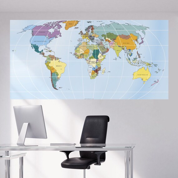 Rectangular World Map World Map Office Map Decals World | Etsy