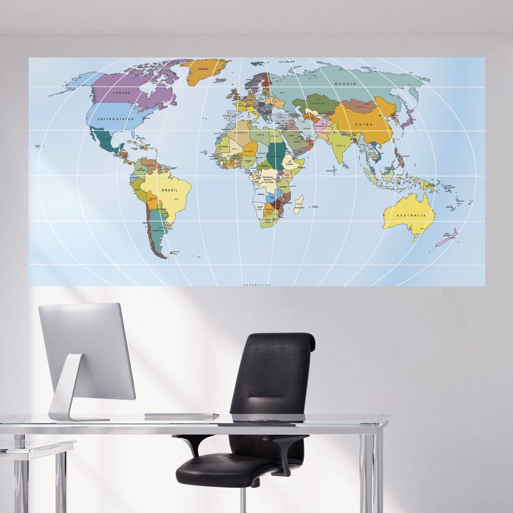 Rectangular World Map World Map Office Map Decals World | Etsy
