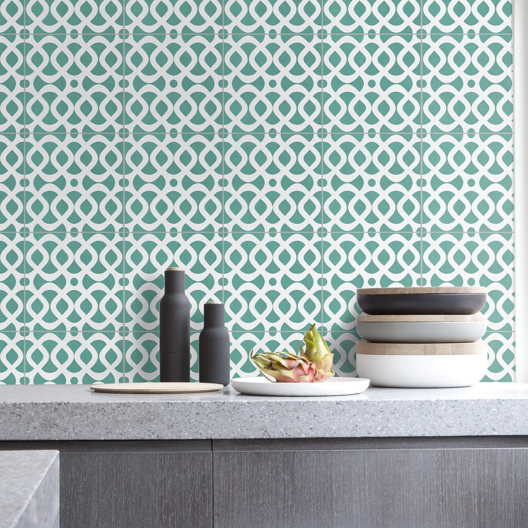 Green Sea Tile Stickers, Geometric Tile Decal, Mosaic Wall Decor, Vinyl ...