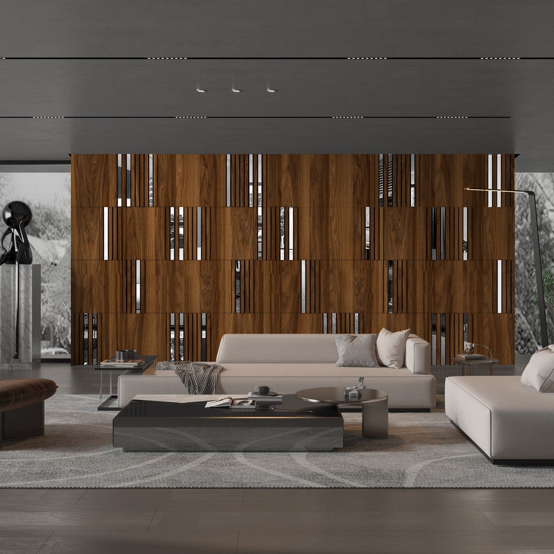 Modular Wall Panels Dark Wood and Silver Mirror, 3D Wall Panels, Modern ...