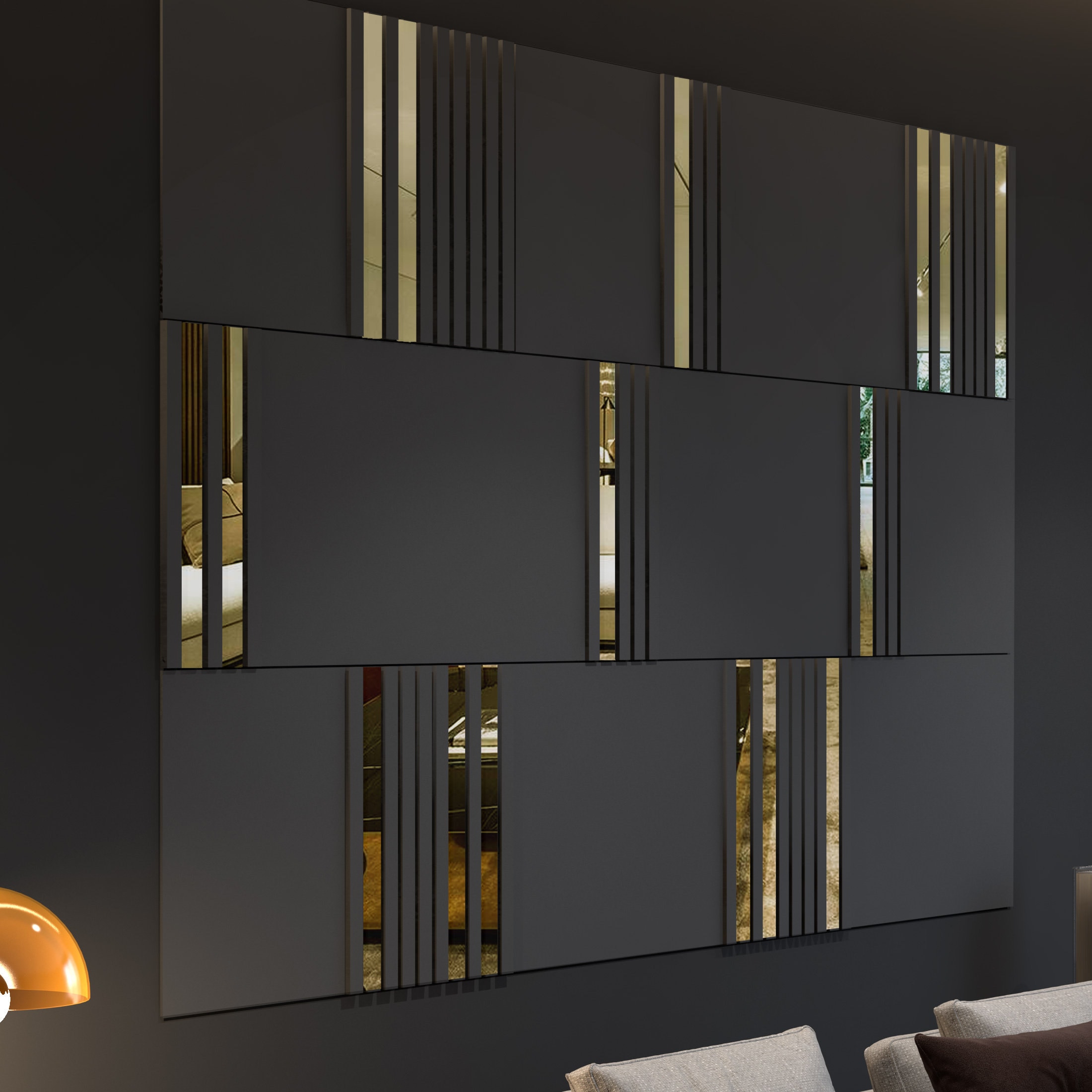 Modular Wall Panels Dark Grey and Gold Mirror, 3D Wall Panels, Modern ...