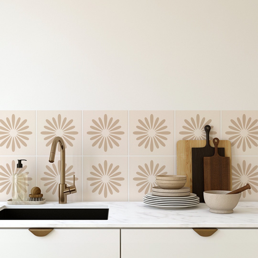 Soft Terracotta Tile Decals, Beige Boho Flower Tile Stickers, Peel ...