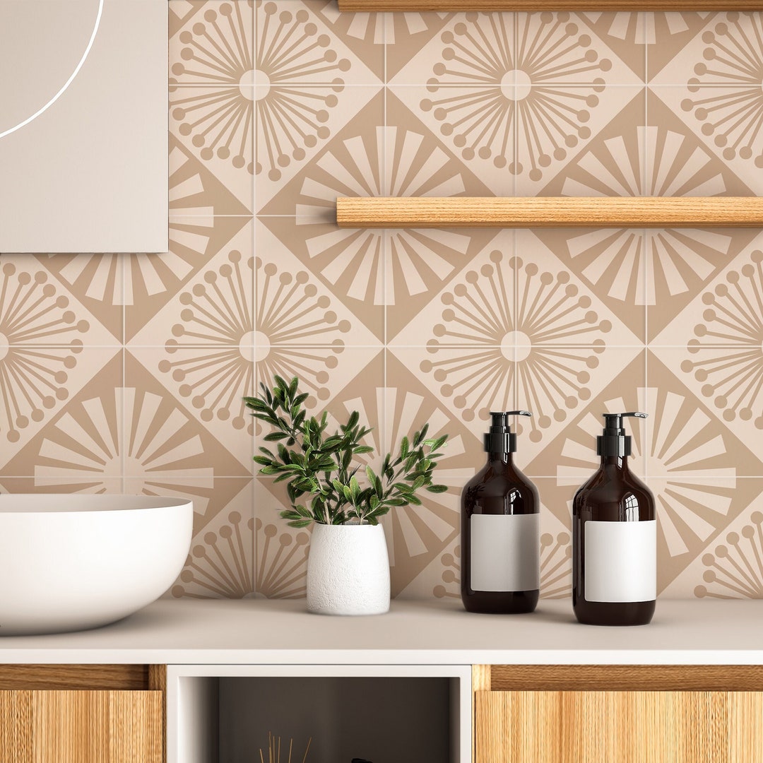 Beige Giza Tile Stickers, Bohemian Abstract Shapes Vinyl Tile Decal ...