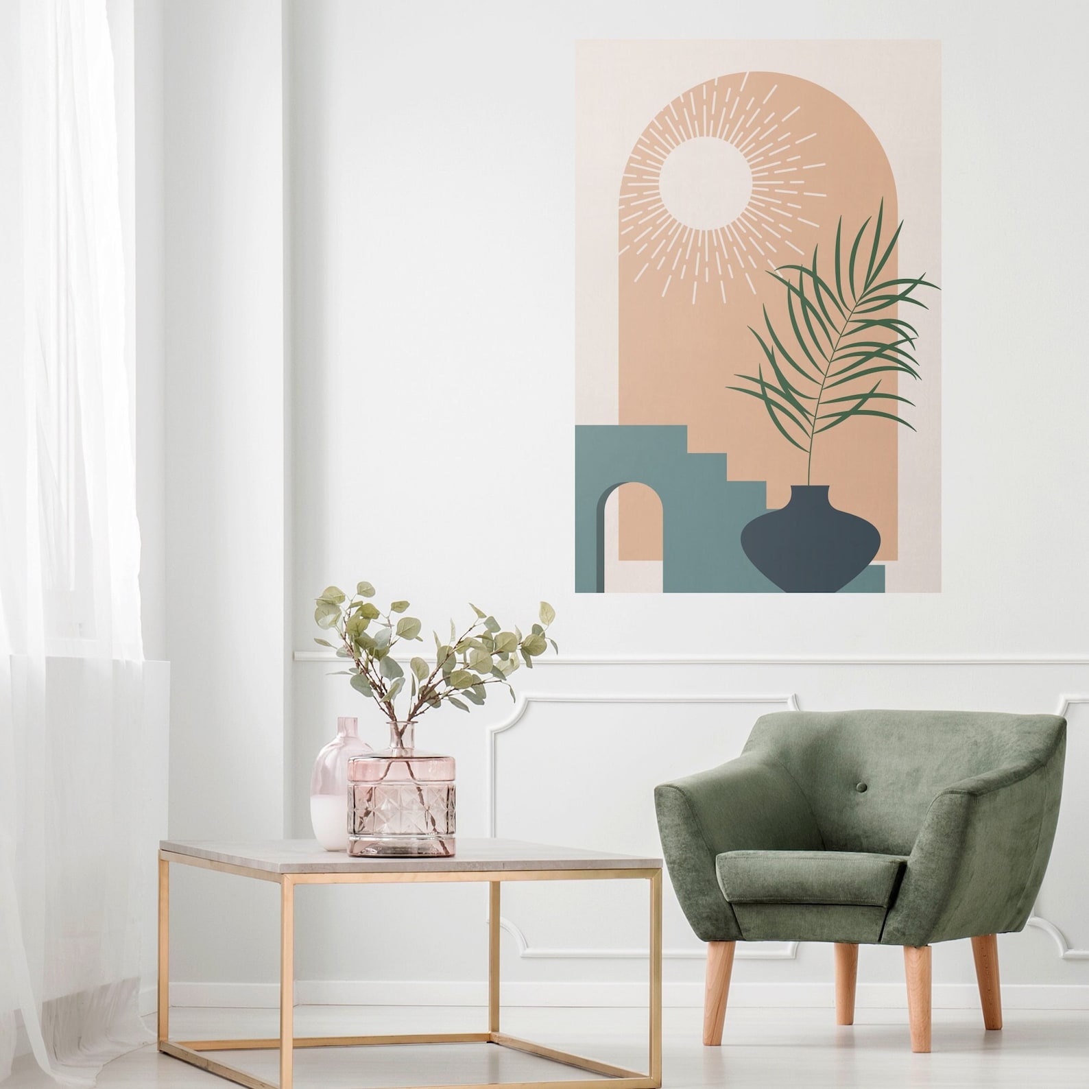Blue Stairs and Vase Arch Wall Decal, Boho Stairs Abstract, Boho Wall ...
