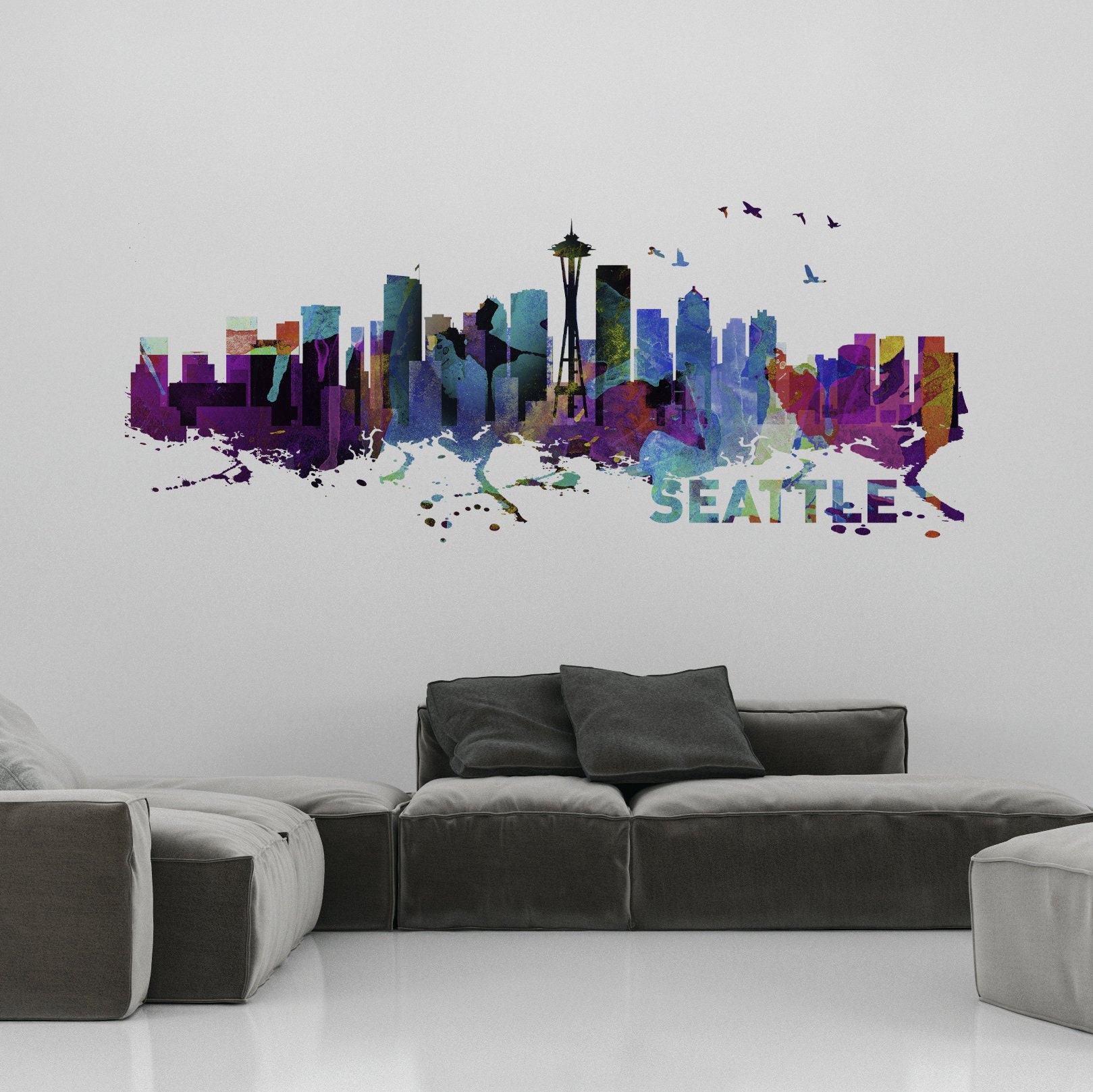 Seattle Skyline Watercolor Print Effect Wall Sticker | Etsy