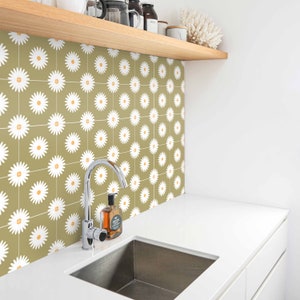 Daisies Flowers Tile Stickers, Olive Tile Decals, Self-adhesive, Retro ...