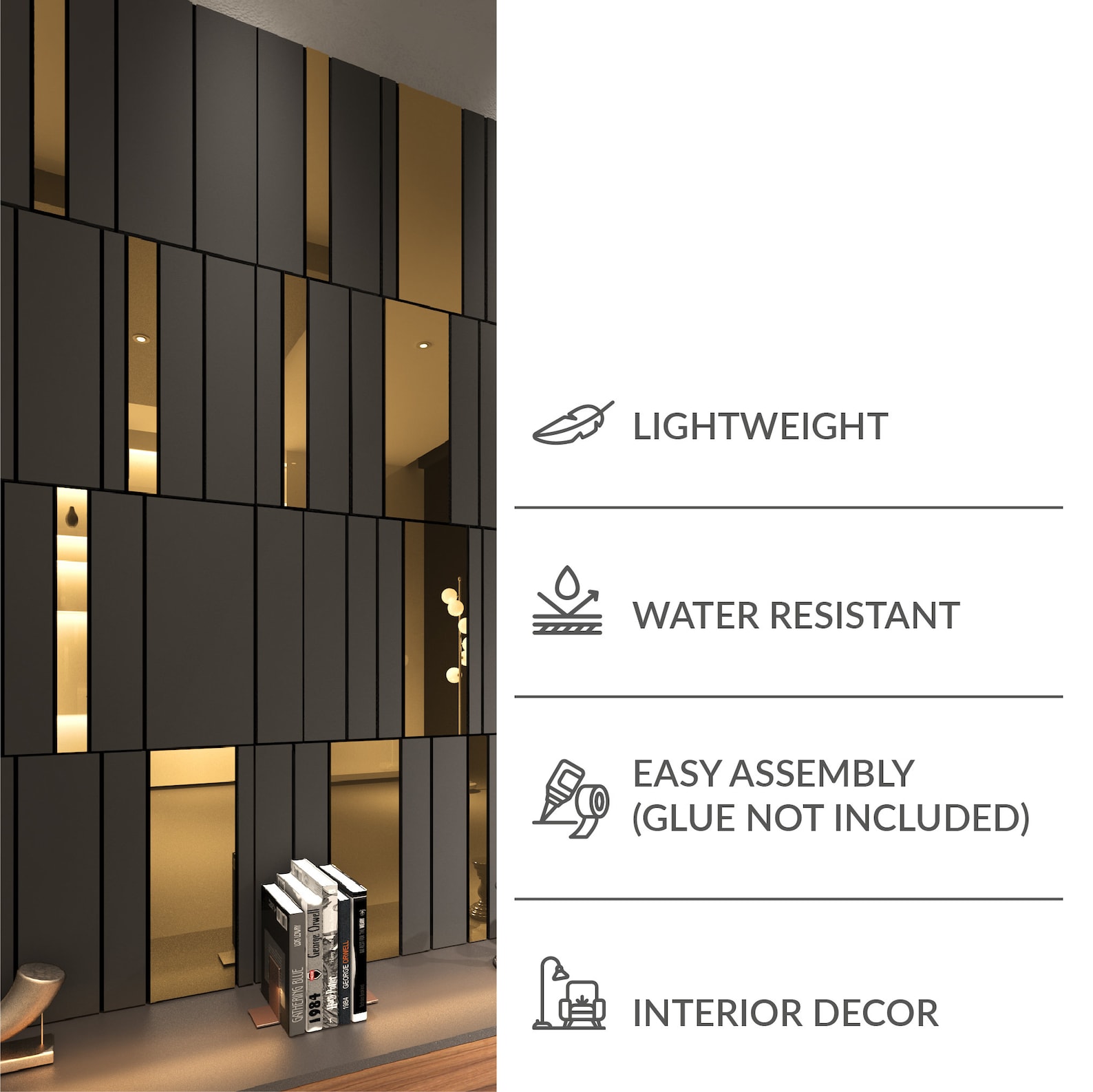 Dark Grey and Gold Mirror Decorative Panels, 3D Wall Panels, - Pack of ...