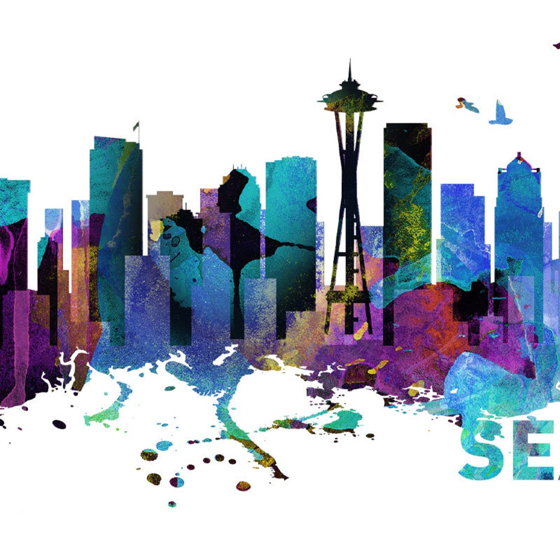 Seattle Skyline - Watercolor Print Effect - Wall Sticker - Home Design ...