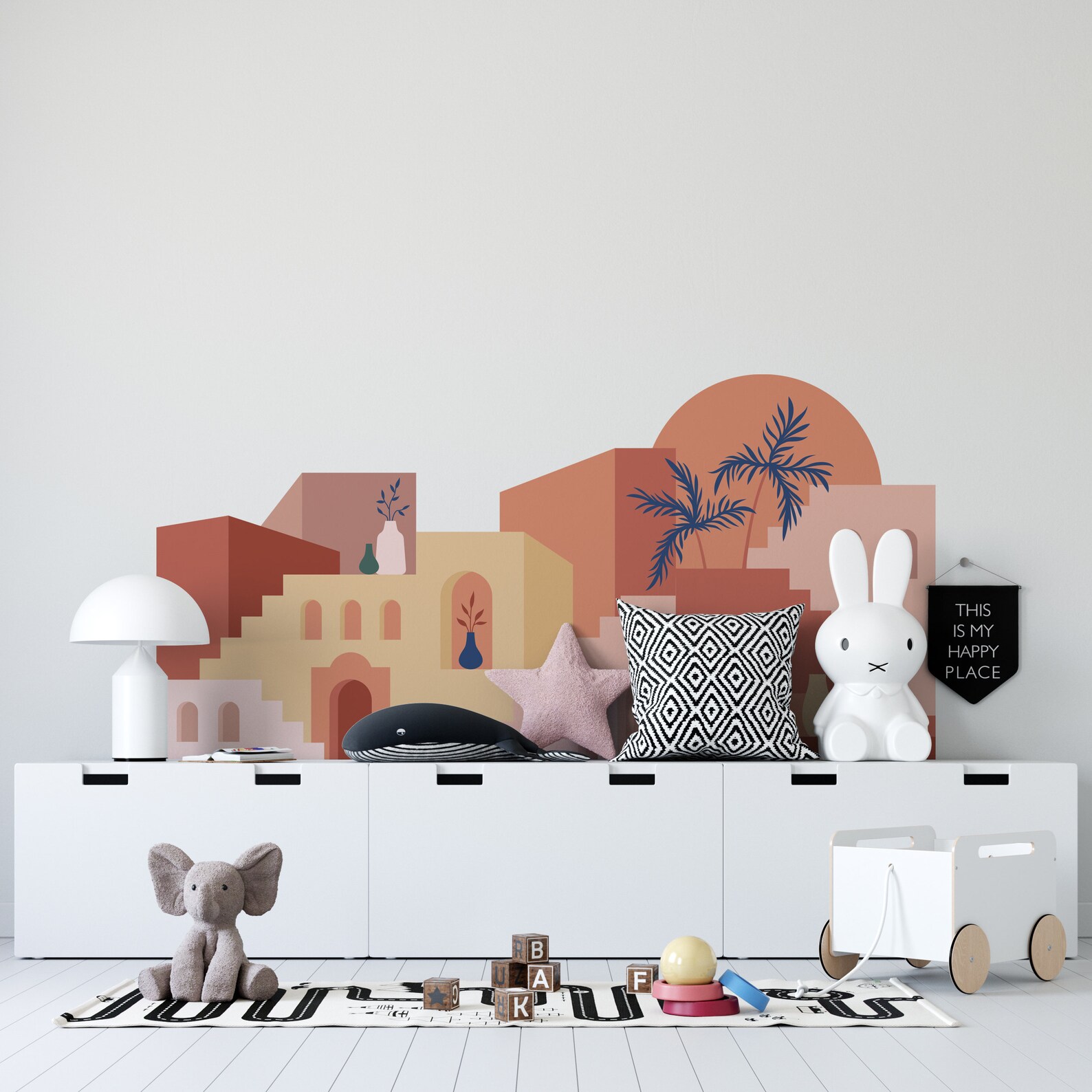 Boho Houses Wall Decal, Boho Stairs Abstract, Big Pastel City Houses ...