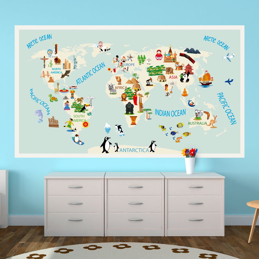 Kids World Map - Repositionable Adhesive Fabric Sticker - for Kids ...