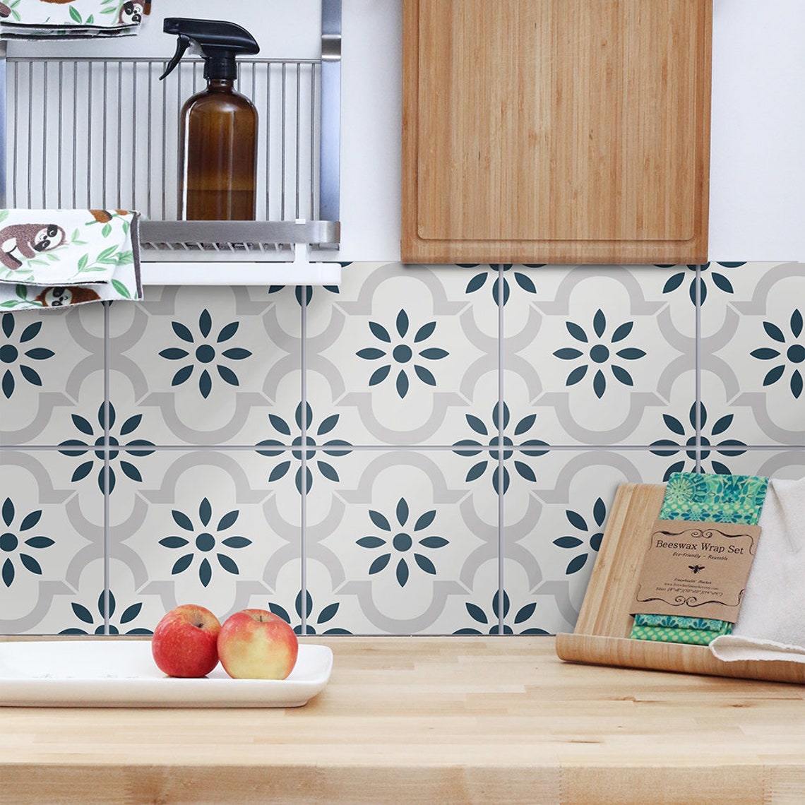 Kitchen Wall Decal - Grey Blue Flower Tile Backsplash - Crédence ...