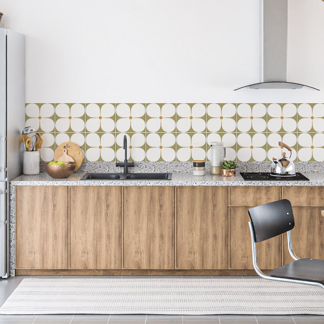 Olive Green Poppy Pattern, Tile Stickers, Self-adhesive, Retro Floral ...