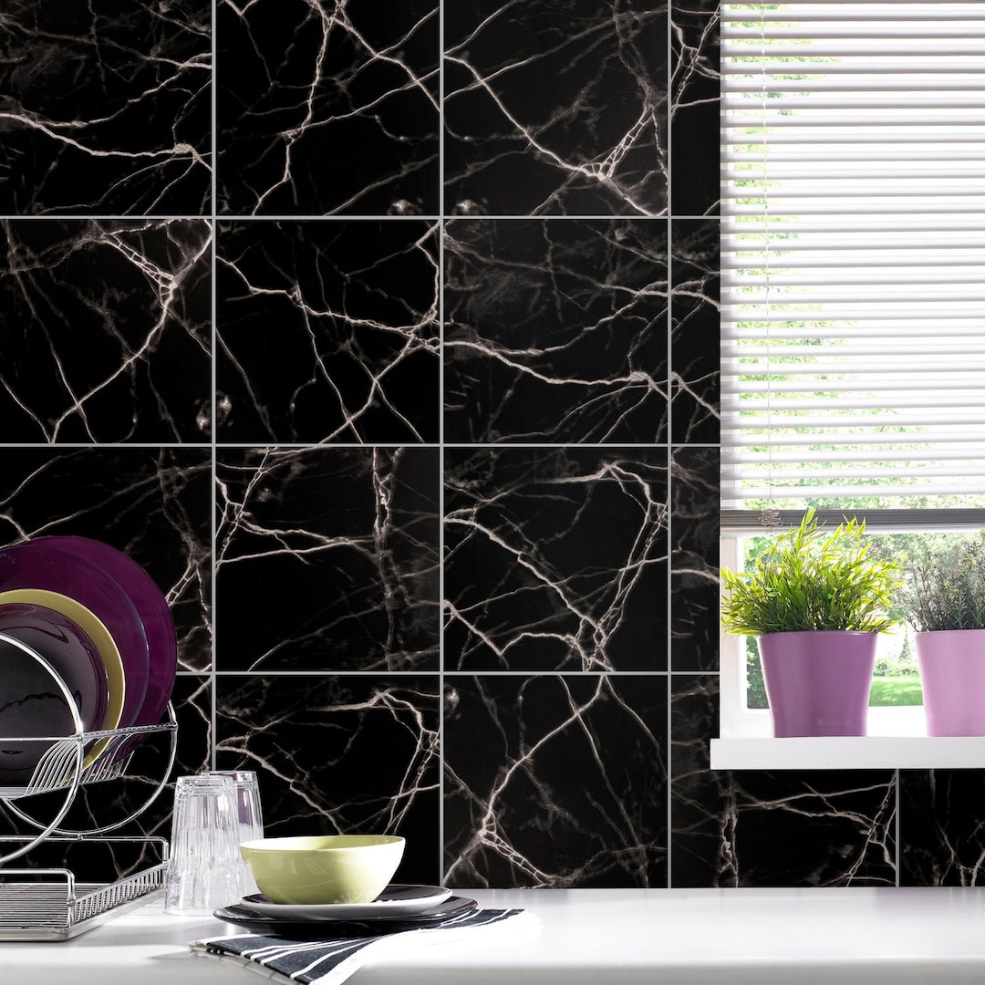 Black Marble Tile Sticker, Black Granite Tile Sticker, Suitable Wall ...