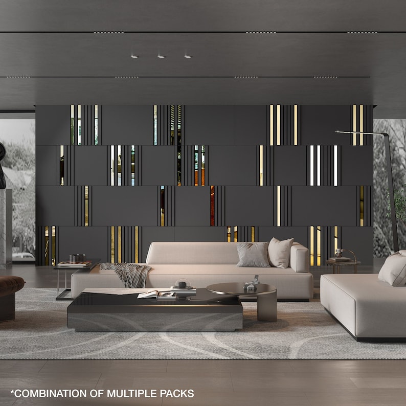Modular Wall Panels Dark Grey and Gold Mirror, 3D Wall Panels, Modern ...