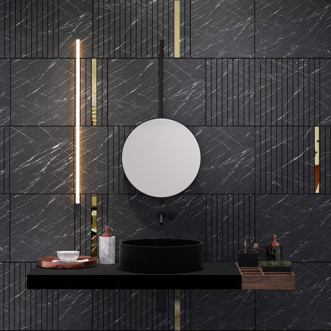 Dark Marble Imitation and Gold Mirror, Black Stone Wall Panels, Accent ...