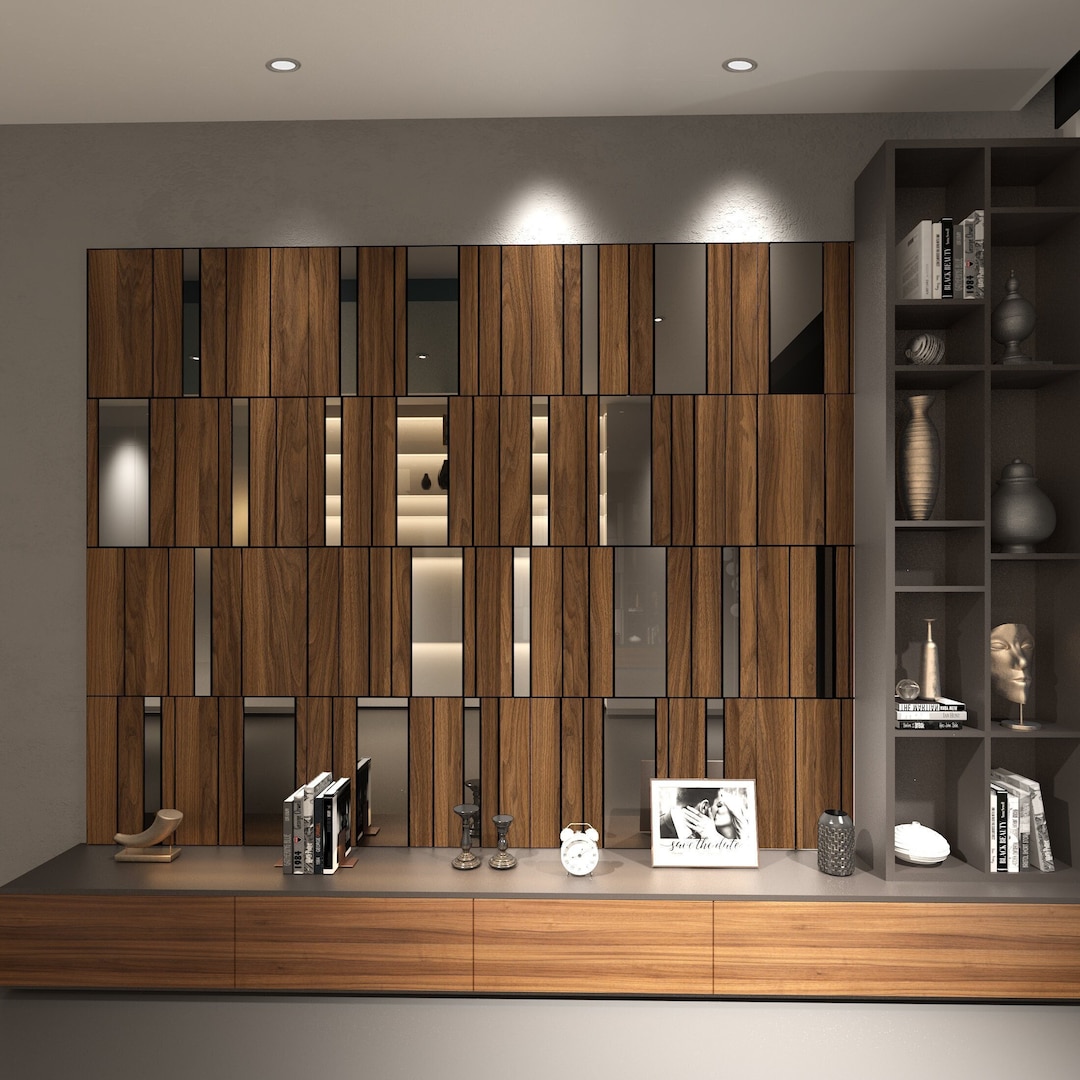 Dark Wood and Silver Mirror Decorative Panels, Wood Slat Wall Panel, 3D ...