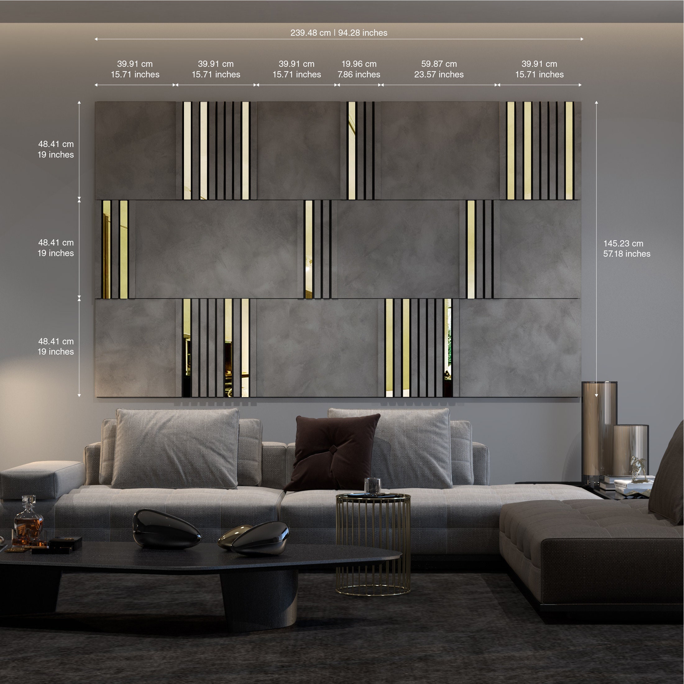Modular Wall Panels Concrete and Gold Mirror, 3D Wall Panels, Modern ...