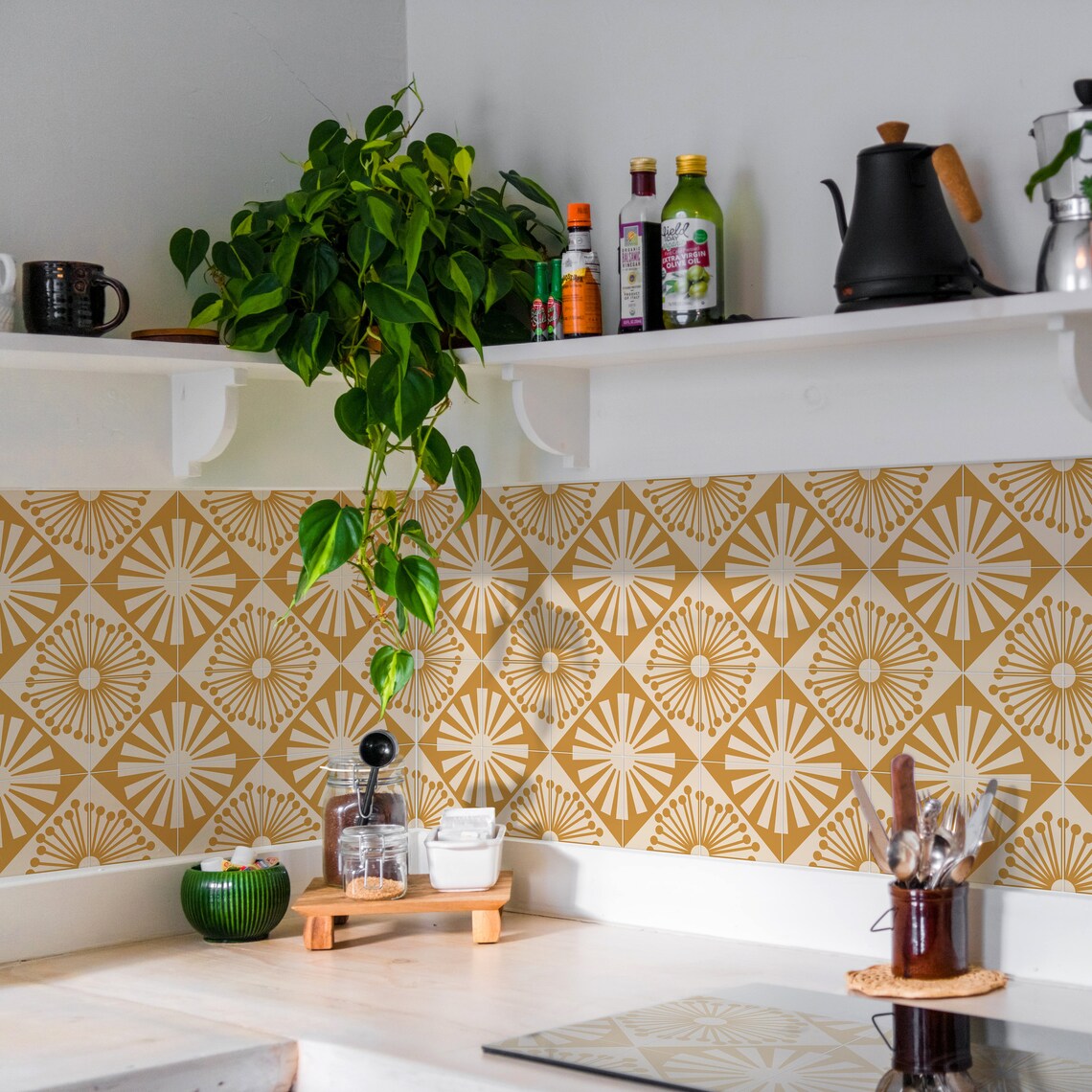 Giza Mustard Tile Stickers, Bohemian Abstract Shapes Vinyl Tile Decal ...
