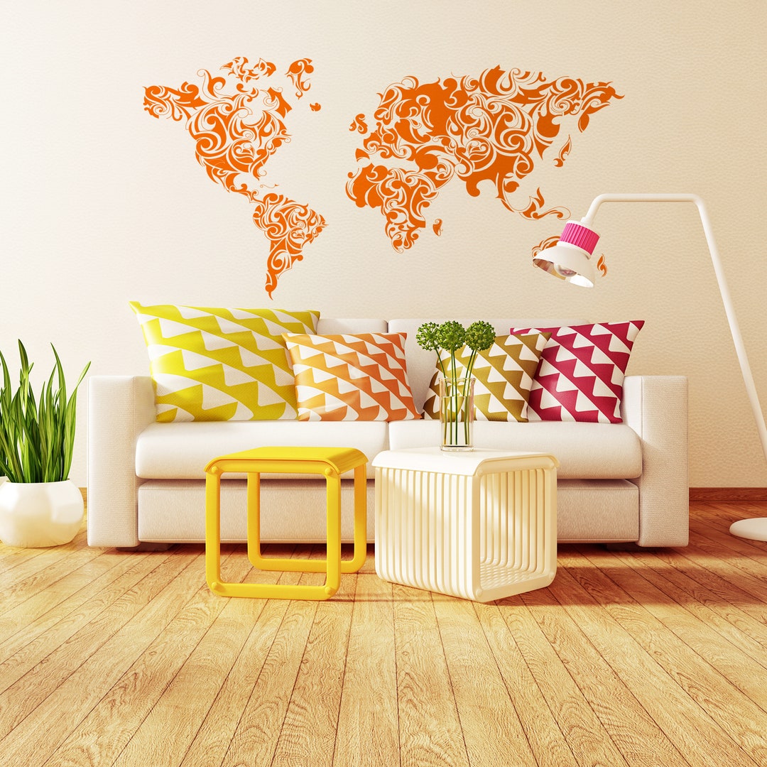 Worldmap Tribal Decal - Large World Map Vinyl Wall Sticker - World Map ...