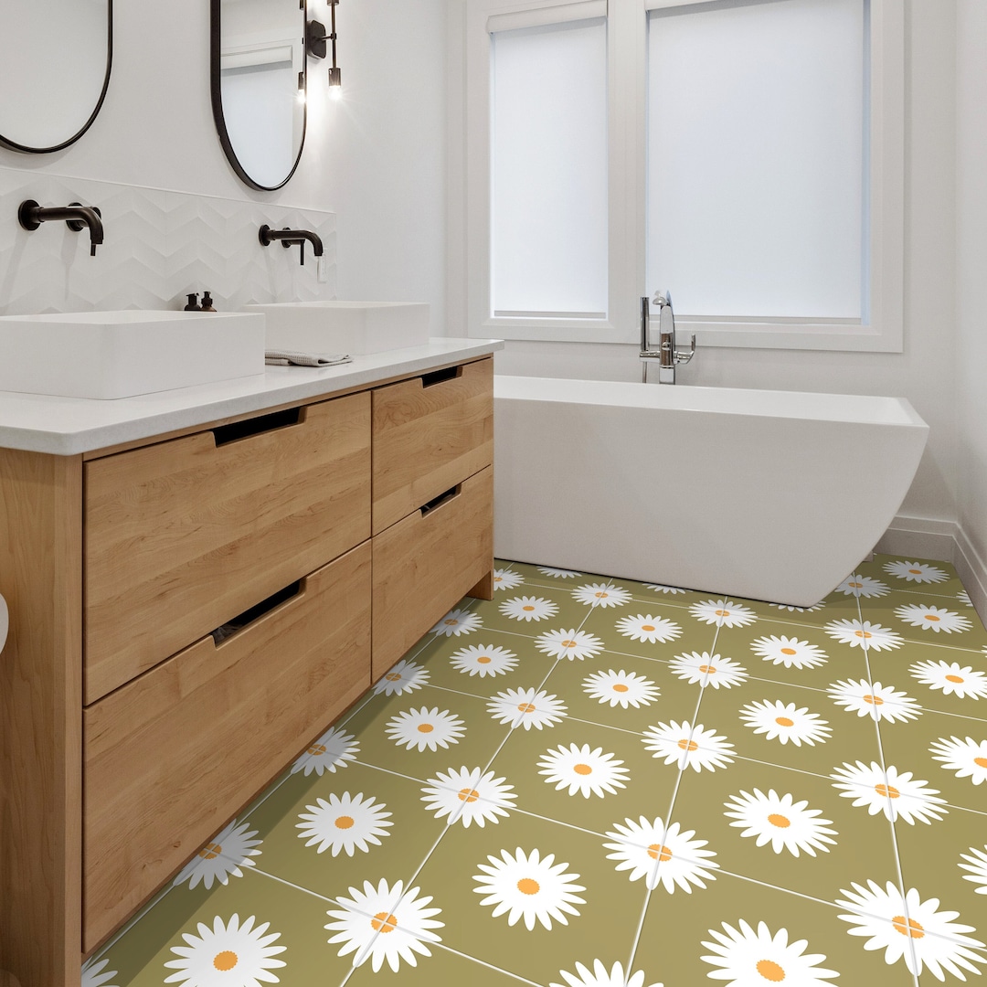 Daisies Flowers Tile Stickers, Olive Tile Decals, Self-adhesive, Retro ...
