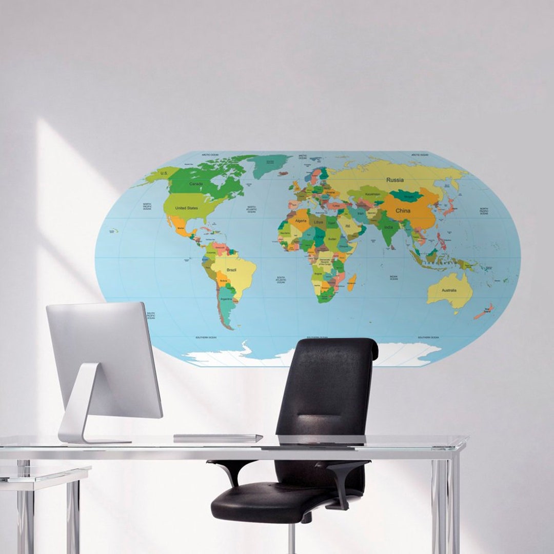 Round World Map, World Map, Office, Map Decals, World Map Decals, Wall ...