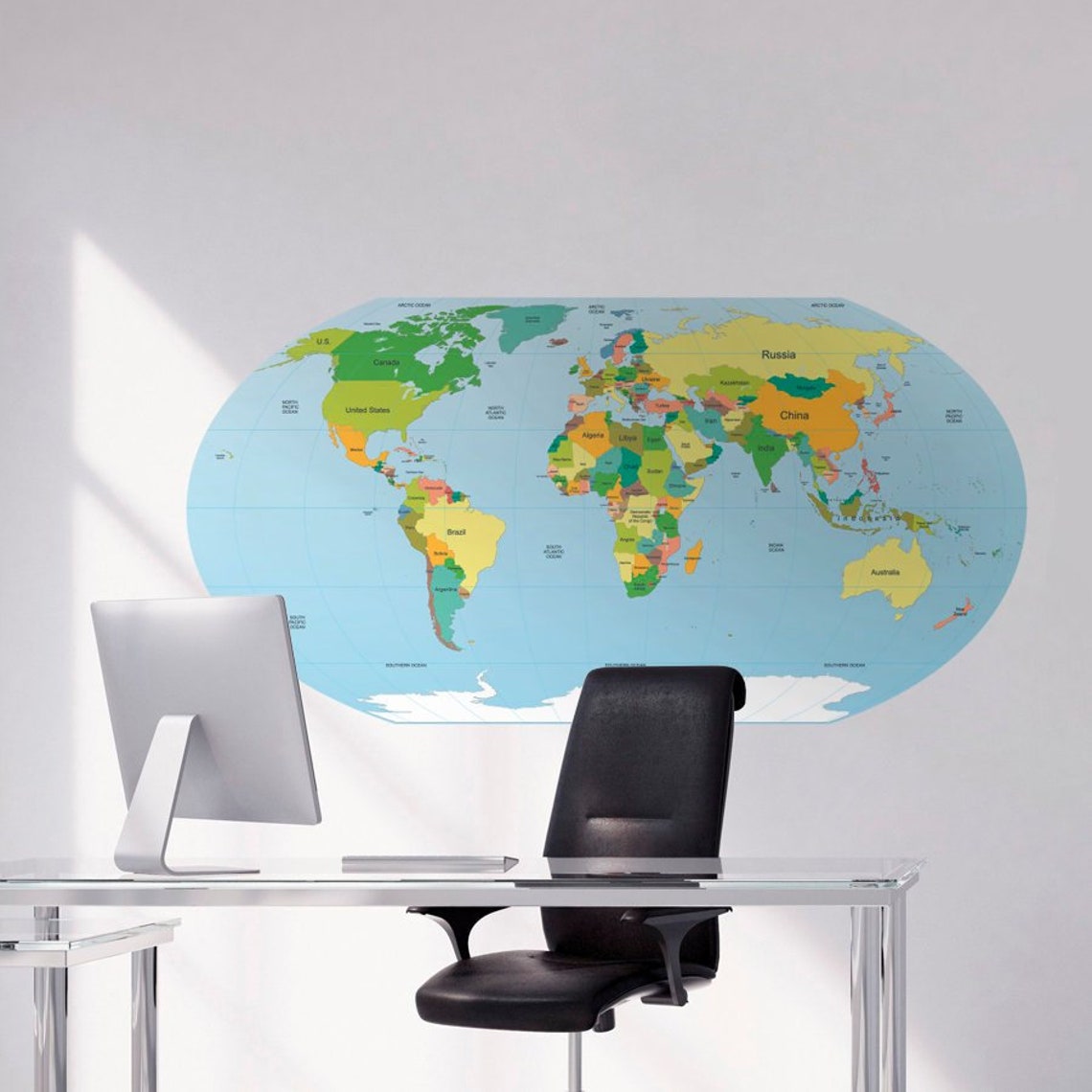 Round World Map World Map Office Map Decals World Map - Etsy