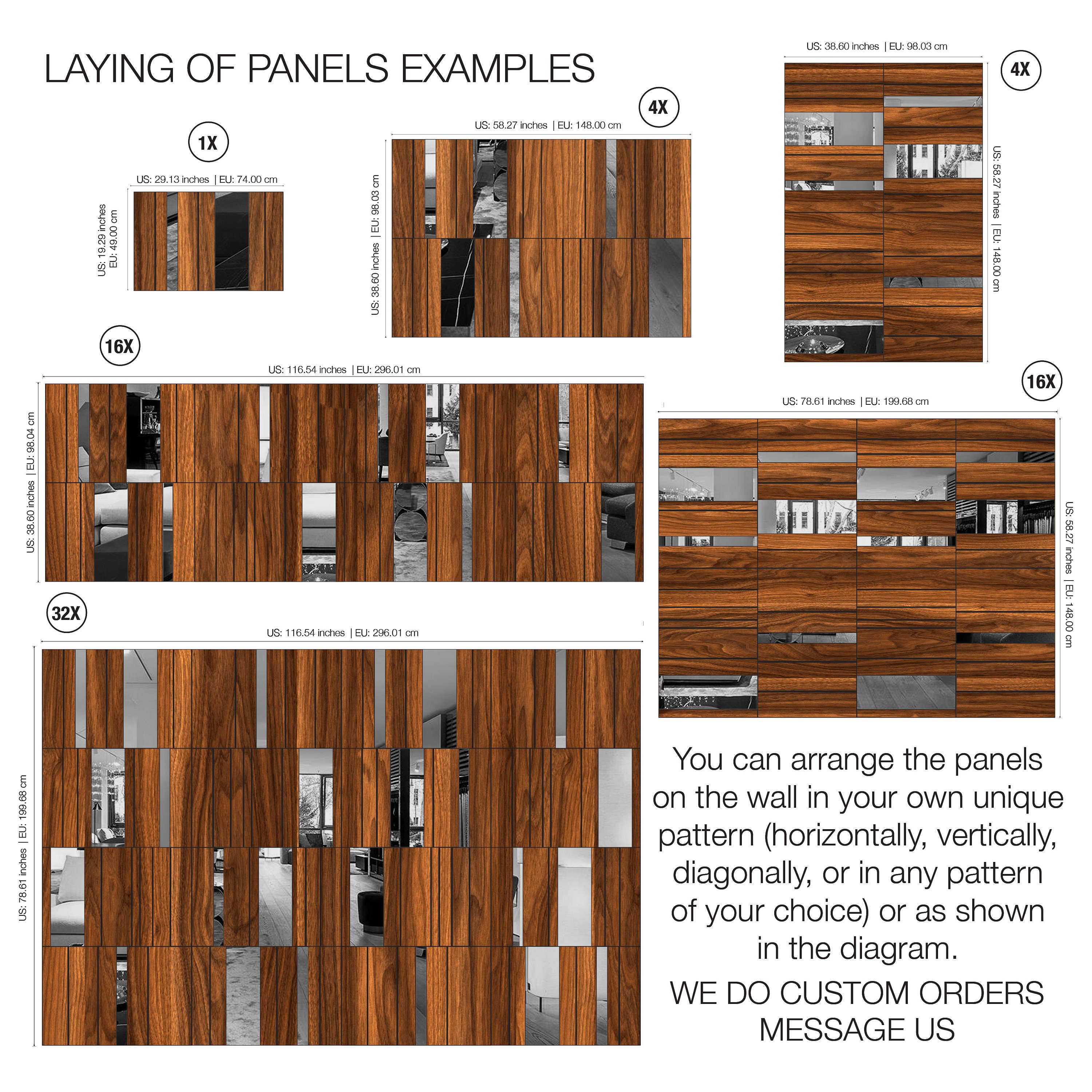 Dark Wood and Silver Mirror Decorative Panels, Wood Slat Wall Panel, 3D ...