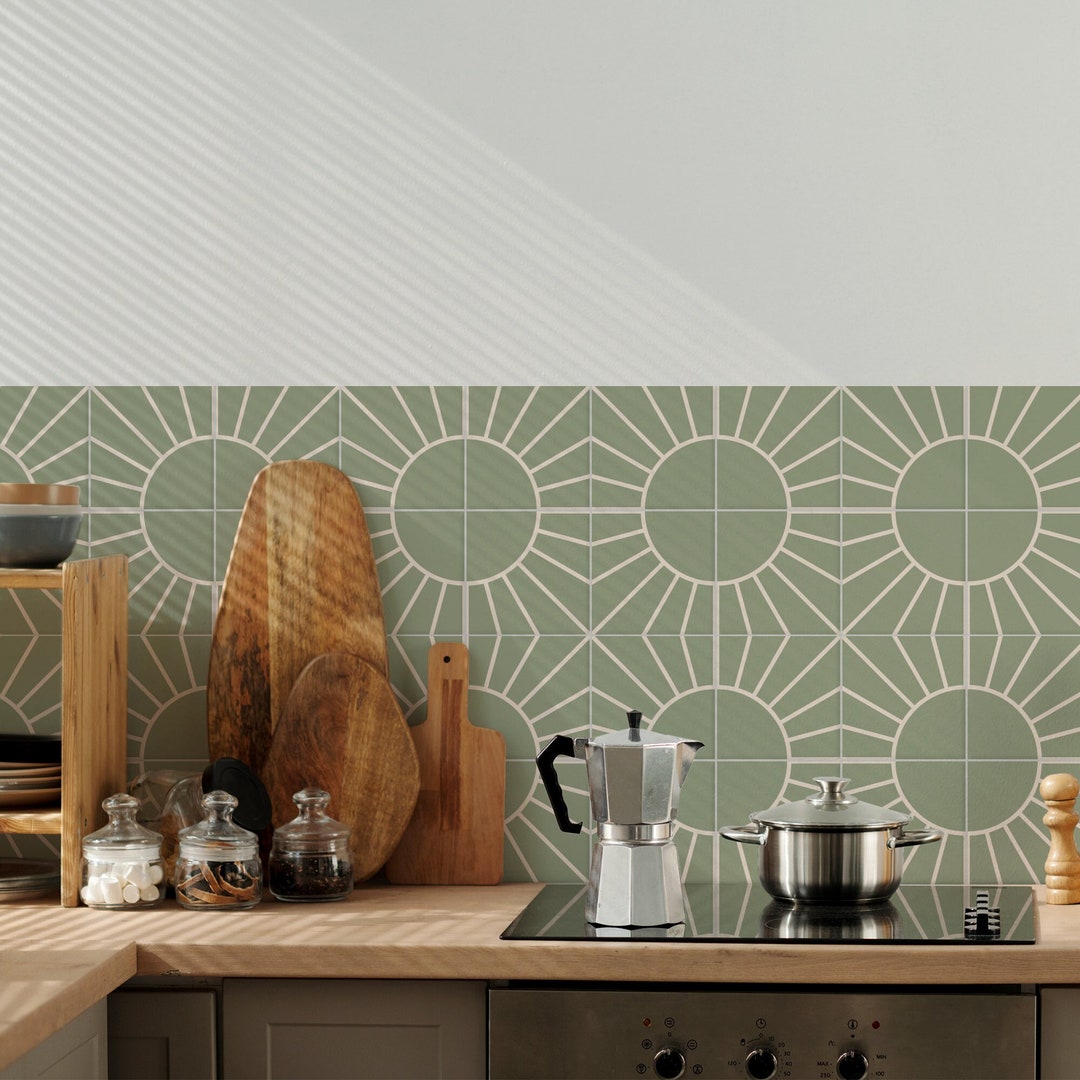 Green Sun Tile Stickers, Bohemian Abstract Shapes Vinyl Tile Decal ...