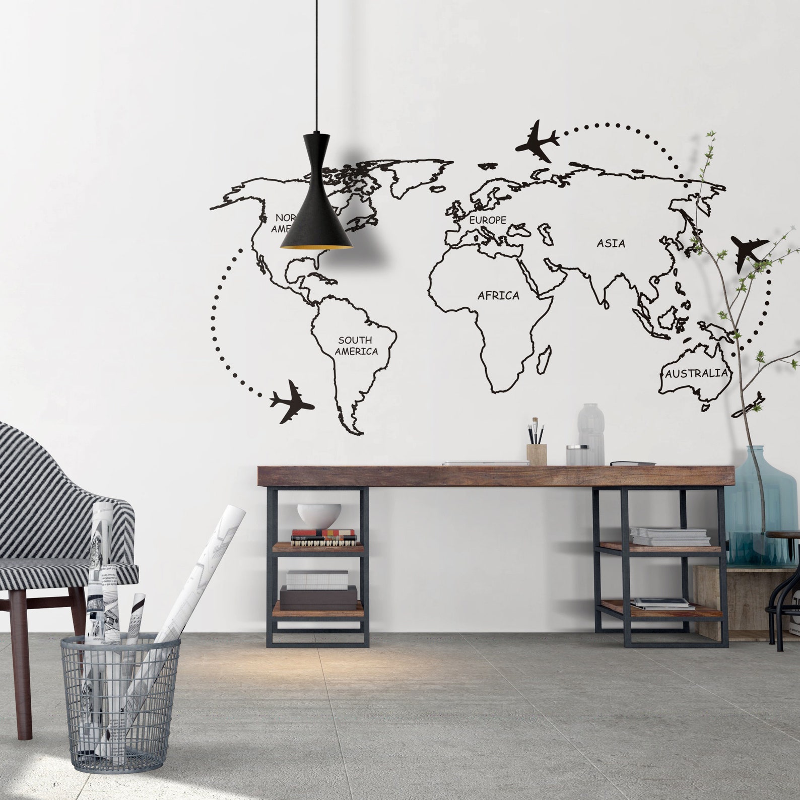 World Map Outlines Wall Decal Continents Decal Large World Map Vinyl ...