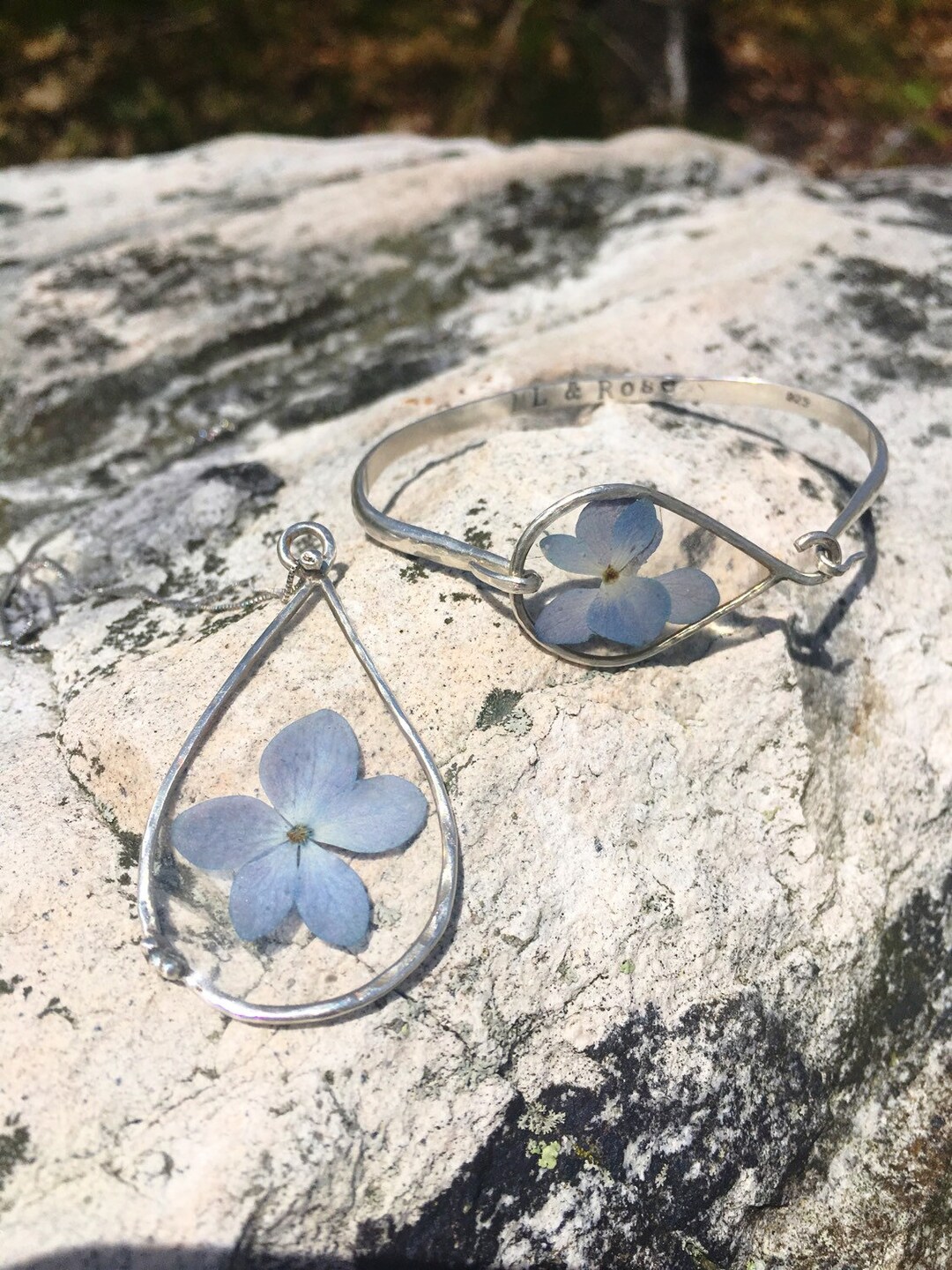 Natural Blue Hydrangea Flowers Set in Handcrafted Sterling Silver Charm ...