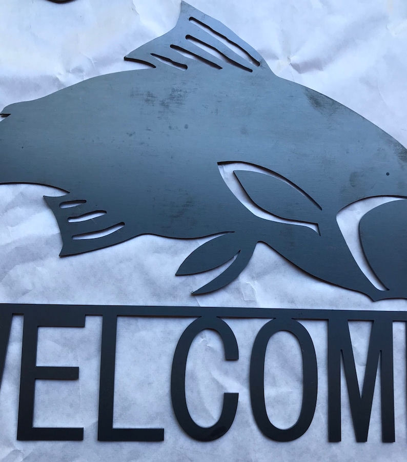 Metal Laser Cut Salmon with Fish Hook Welcome Sign | Etsy