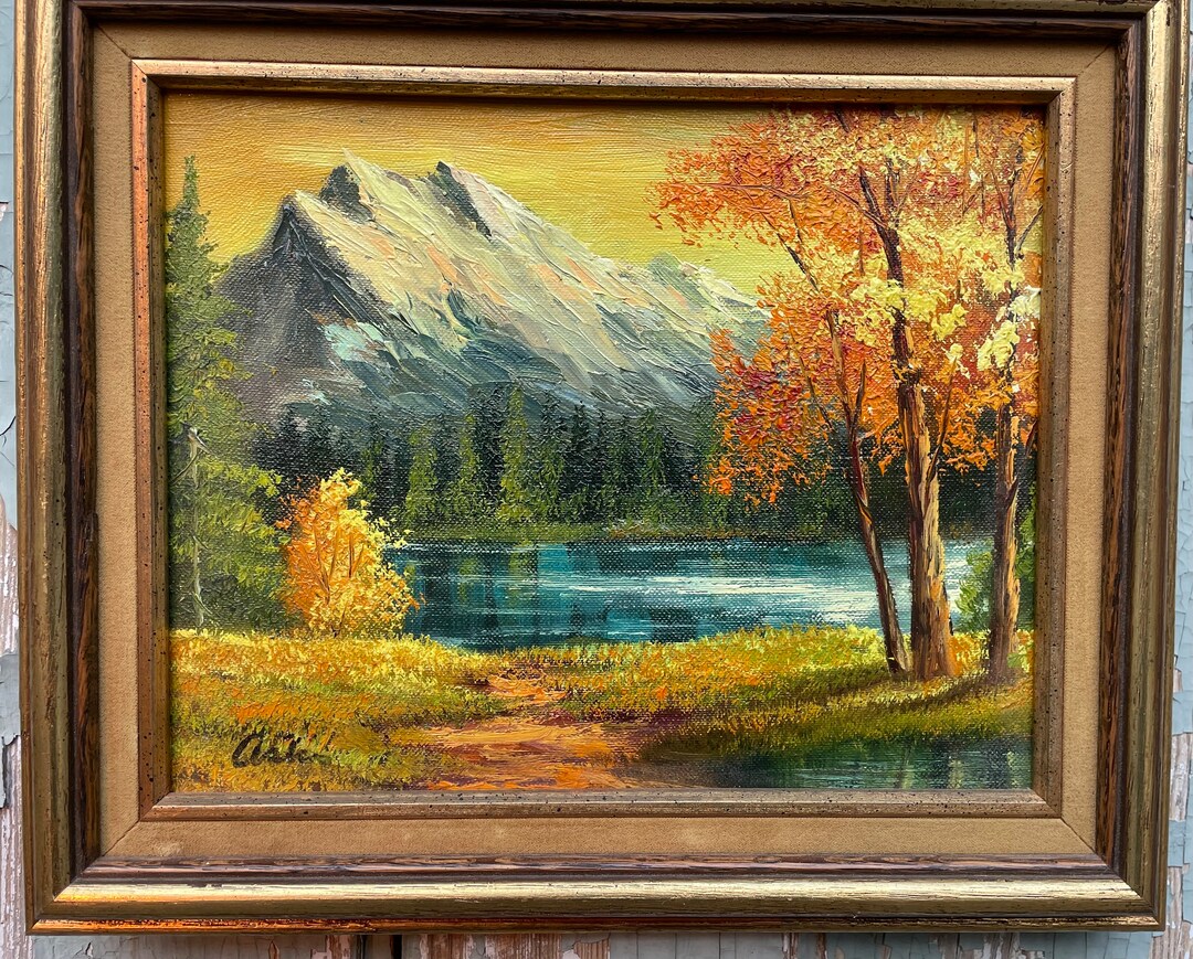 Original 1960’s Framed Oil Painting on Canvas Mountain Lake Scene by ...
