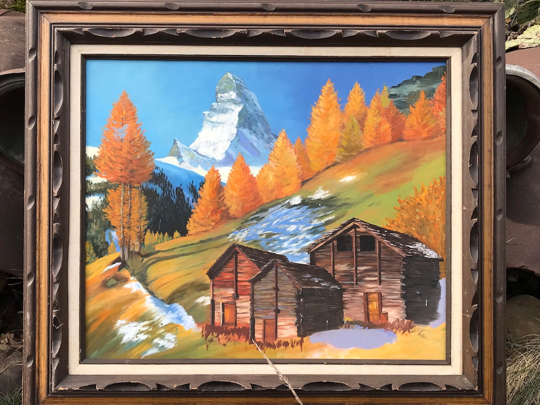 Large Original Framed Oil Painting on Canvas Mountain Cabin Scene. - Etsy
